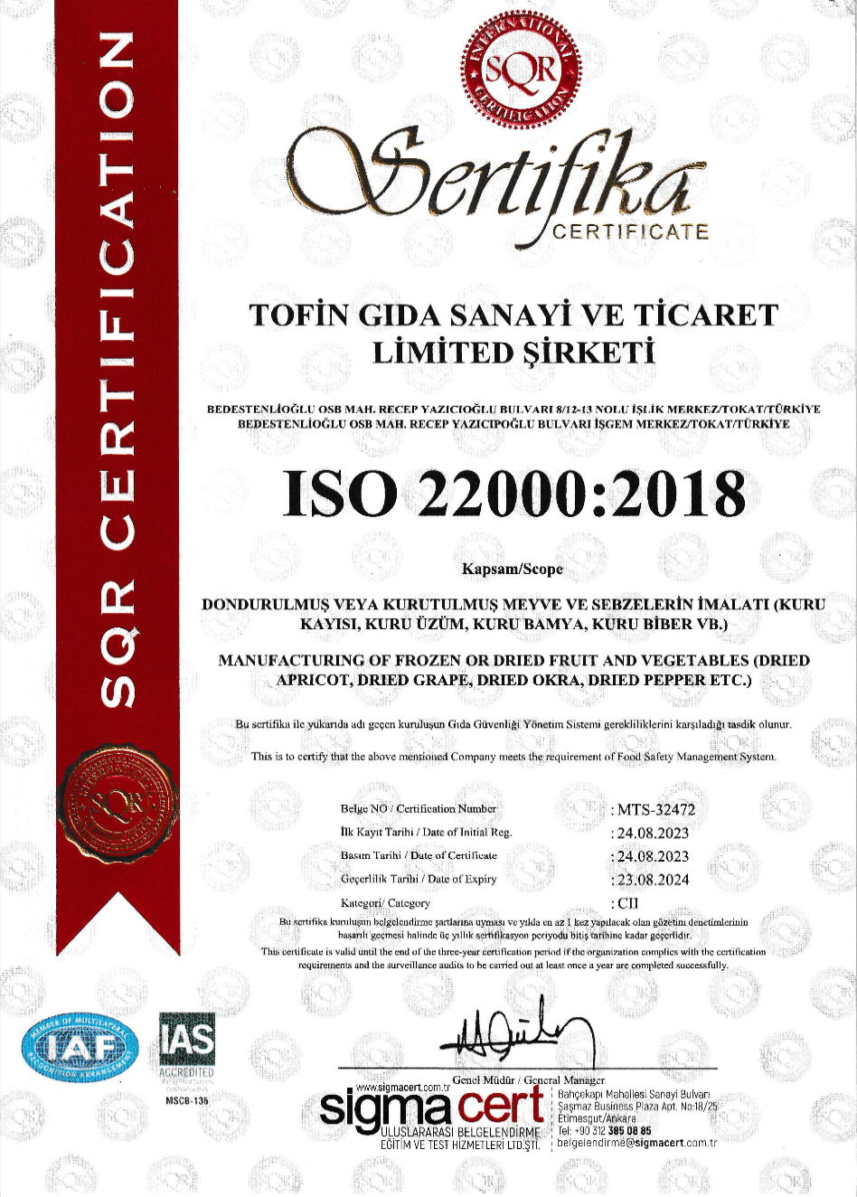 Sertifikalarımız & Belgelerimiz - TOFiN FOOD